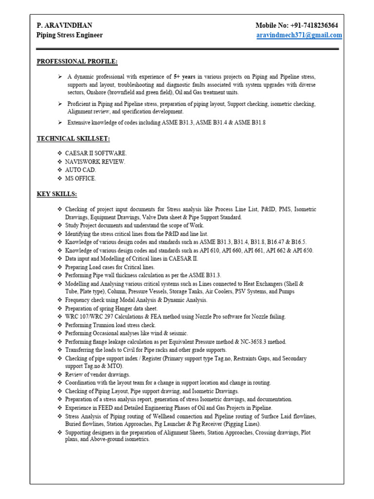 Piping Stress Engineer Resume | PDF | Pipe (Fluid Conveyance) | Pump