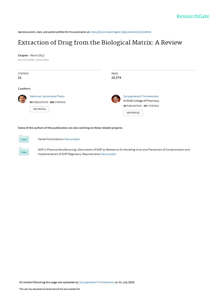 Extraction of Drug From The Biological Matrix: A Review: March 2012 ...