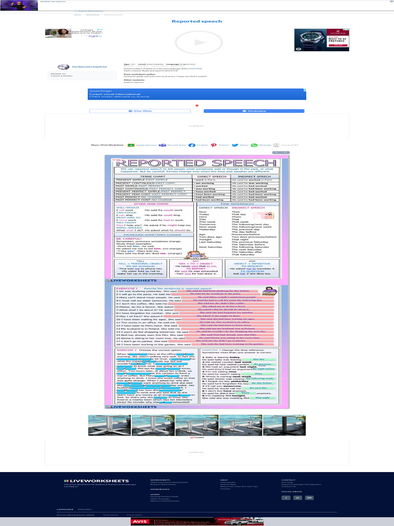 Reported Speech Interactive Exercise For Intermediate Live Worksheets 2 ... Reported Speech Interactive Exercise For Intermediate Live Worksheets 2 ...