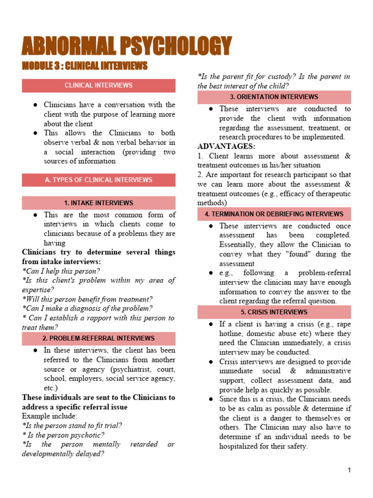 Module 3 - Clinical Interviews | PDF | Clinical Psychology | Mental Health