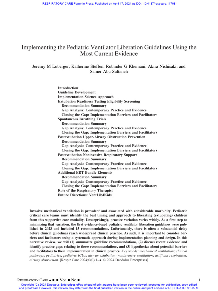 Implementing The Pediatric Ventilator Liberation Guidelines Using The ...