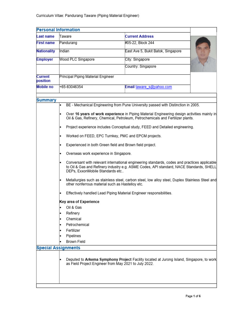 CV-Piping Material Engineer_Taware | PDF | Specification (Technical Standard) | Oil Refinery