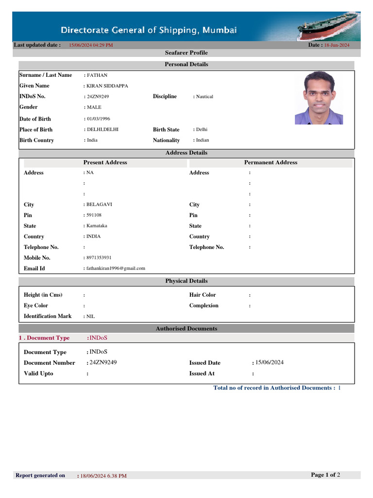Seafarer Profile Personal Details::: Kiran Siddappa | PDF | Access ...