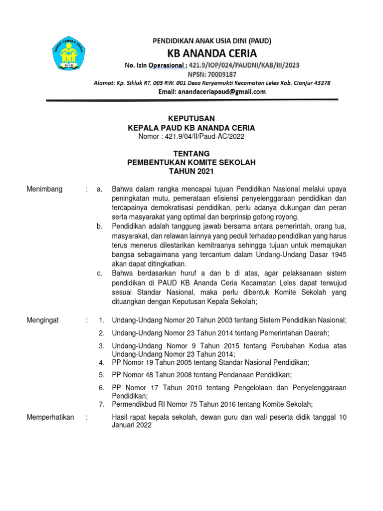 SK Komite Sekolah KB ANANDA CERIA | PDF