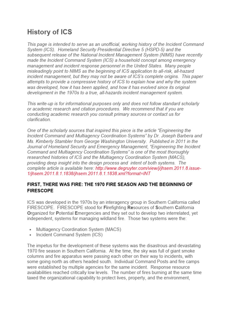 ICS History and Progression | PDF | Incident Command System | Federal ...