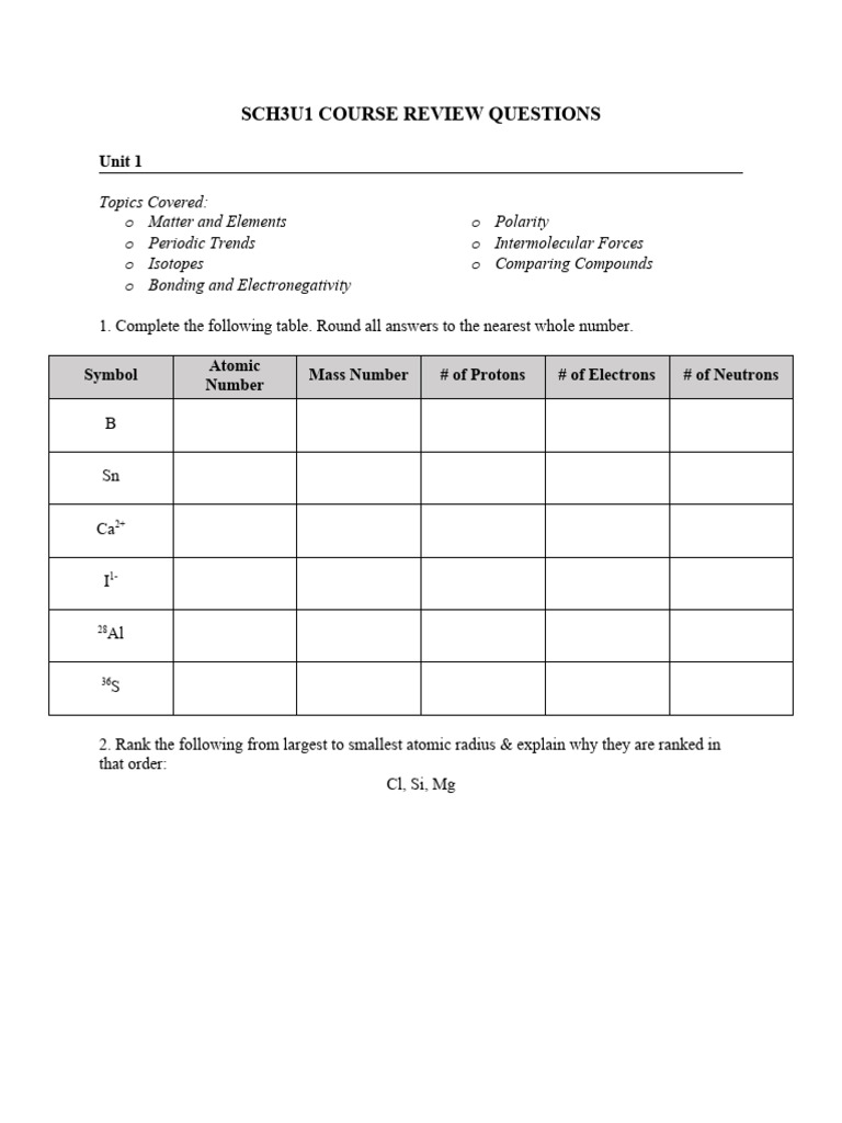 Chemistry Course Review Questions | PDF | Chemical Compounds | Chemical ...