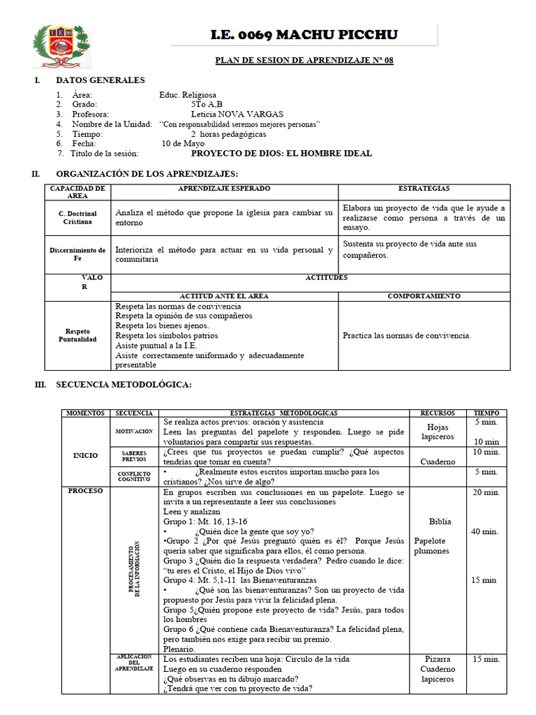Plan de Sesion de Aprendizaje #08 | PDF | Bienaventuranzas | Aprendizaje