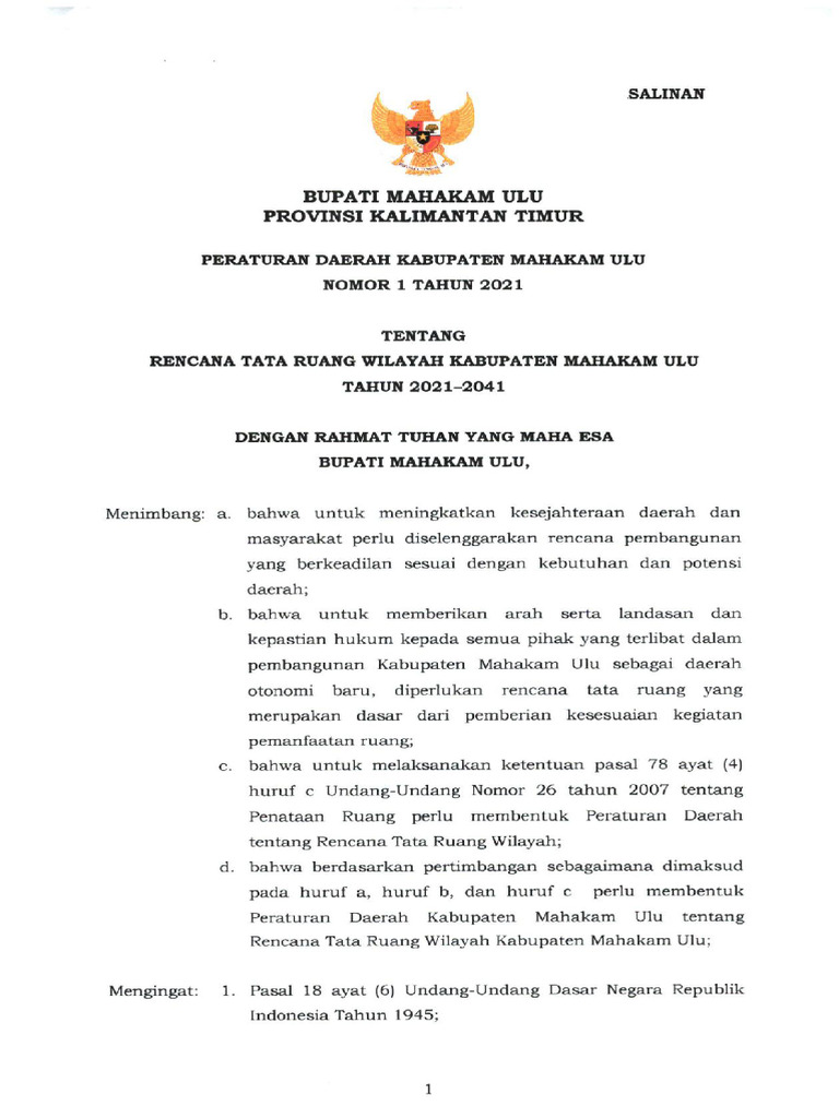 Perda Mahulu 01-2021 TTG Rencana Tata Ruang Wilayah Kab. Mahulu Tahun 2021-2041 - Opt | PDF