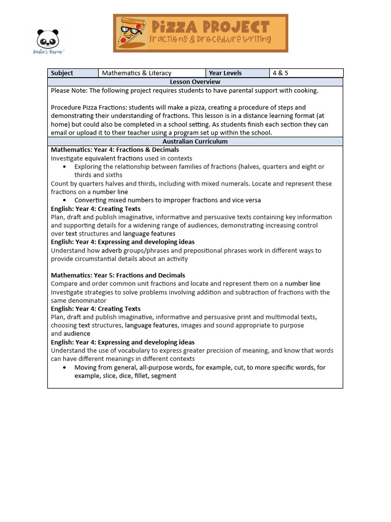 Distance Learning Procedure Pizza Fractions | PDF