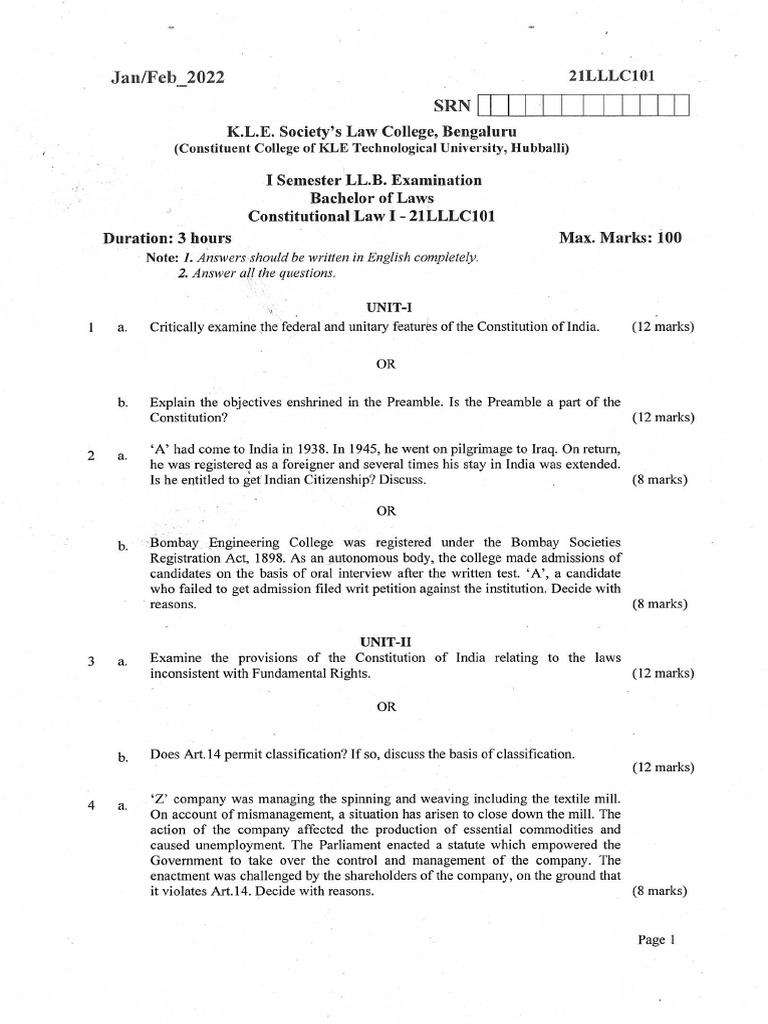 Kle Tech Constitutional Law Question Paper 2 | Download Free PDF ...