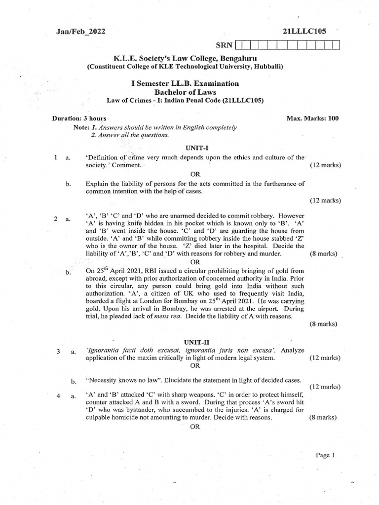 Kle Tech LAW of CRIME 1 Question Paper 2 | Download Free PDF | Criminal ...