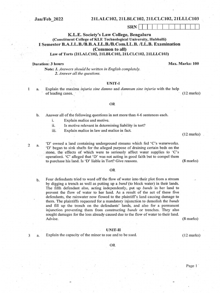 Kle Tech Law of TORTS Question Paper 2 | PDF | Damages | Defamation
