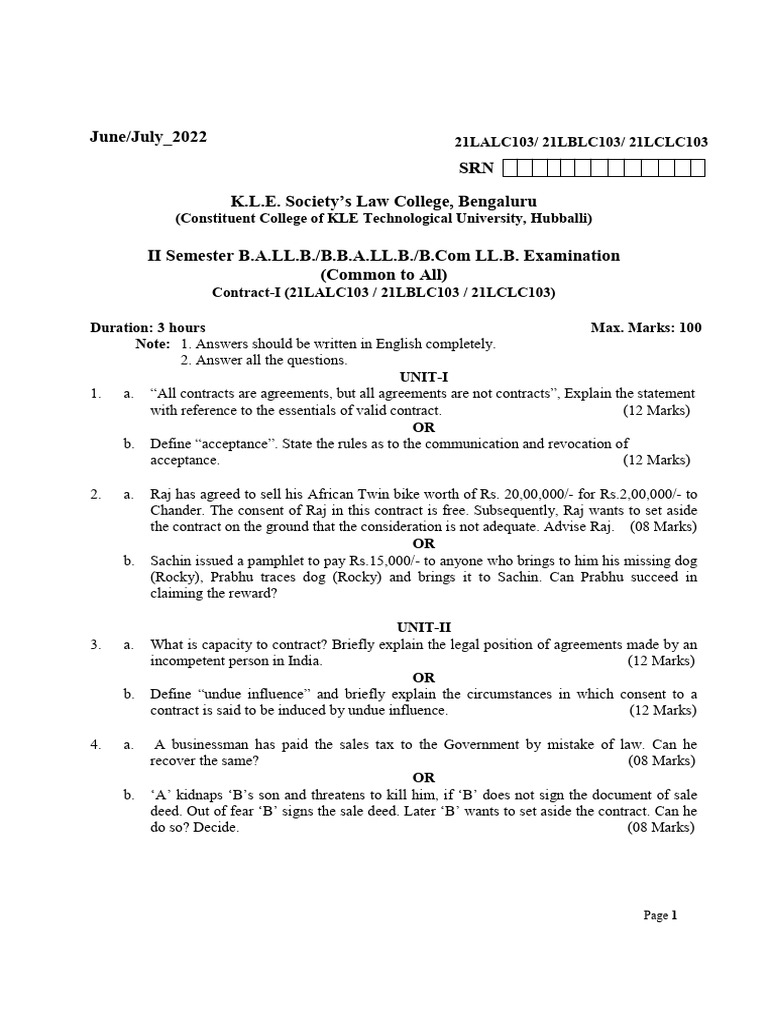 KLE Law College Contract-I Exam Paper | PDF | Private Law | Common Law