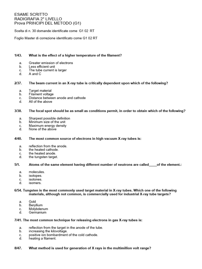Esame Scritto Radigrafia 2° Livello Prova Principi Del Metodo (G1 ...