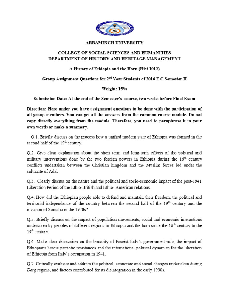 Hist 1012 Group Work Assignment Questions For 2016 E C 2nd Year | PDF