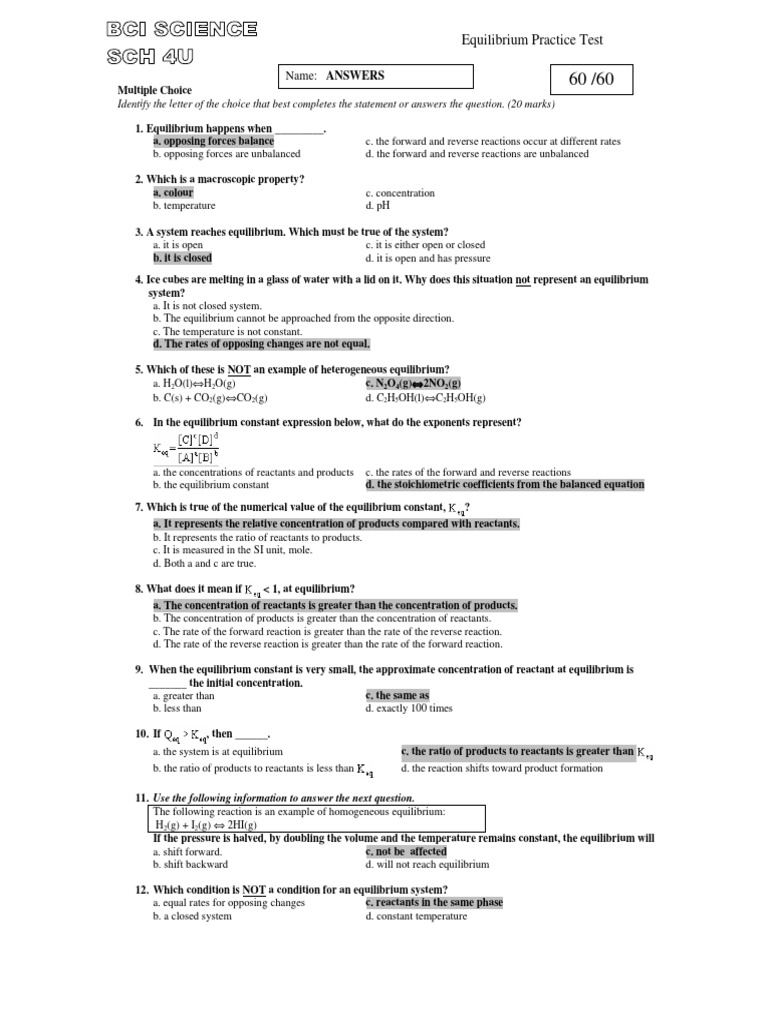 Equilibrium Practice Test 12 Answers | PDF | Chemical Equilibrium | Acid