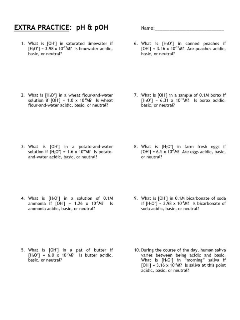 Extra Practice - PH Poh Calculations 1 | PDF | Acid | Ph