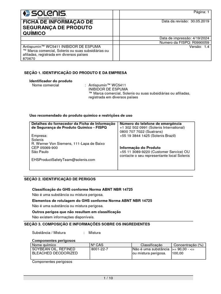 Antiespumante 0,80 0,95GML - Antispumin WC5411 Ibc 1000L | PDF | Química