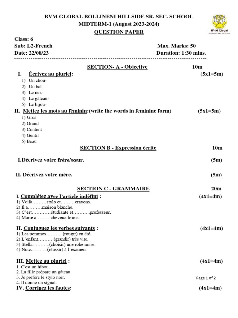 Examen de Français - Classe 6, 2023 | PDF | Linguistique