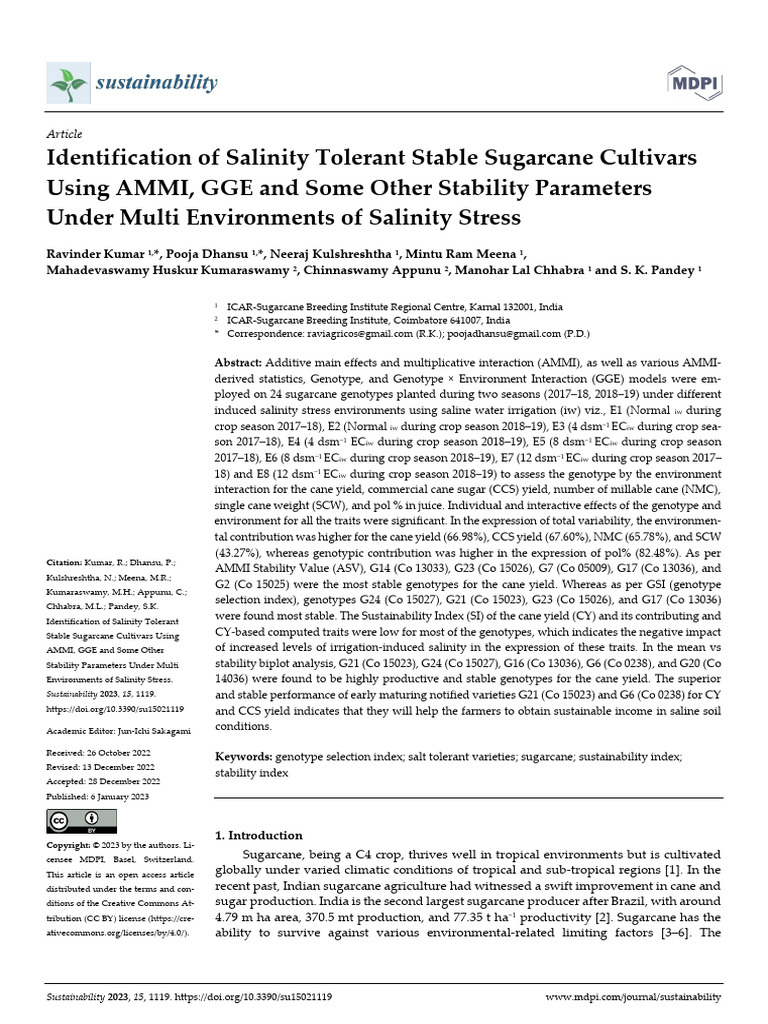 Identification of Salinity Tolerant Stable Sugarca | PDF | Soil | Sugarcane