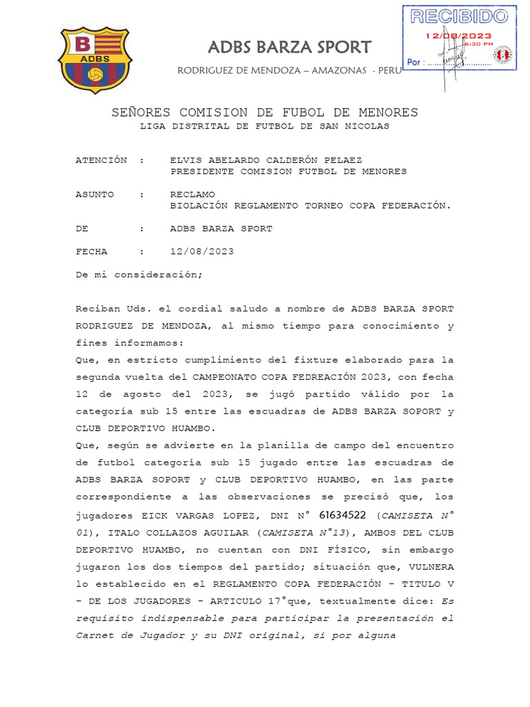 Reclamo Barza Sport | PDF