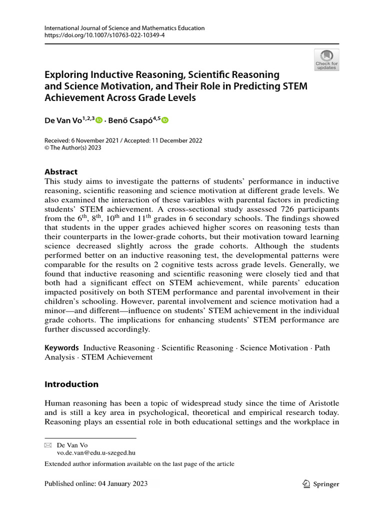 Exploring Inductive Reasoning Scientifc Reasoning And Science Motivation And Their Role In