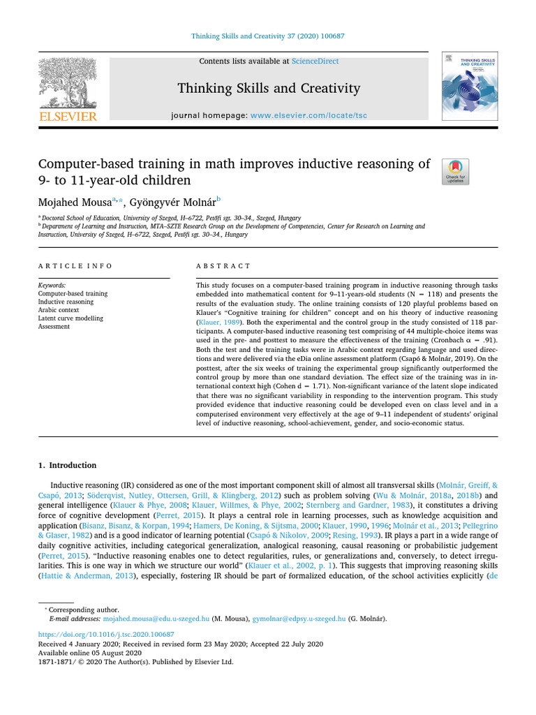 Computer-Based Training in Math Improves Inductive Reasoning of 9 - To 11-Year-Old Children ...