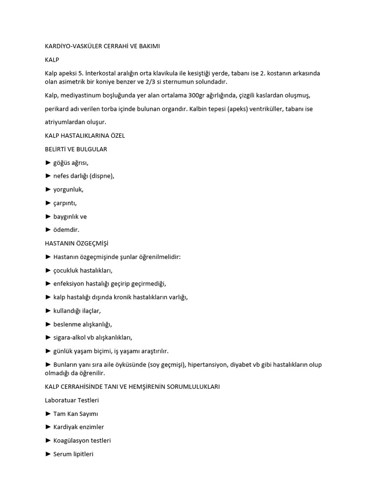 Kalp-Damar Cerrahisi Hastalıklarında Hemşirelik Bakımı | PDF