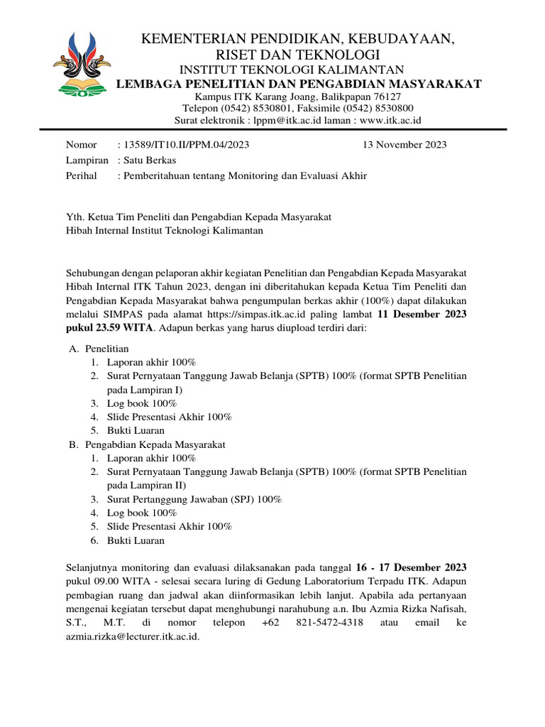 Pemberitahuan Monitoring Dan Evaluasi Akhir | PDF