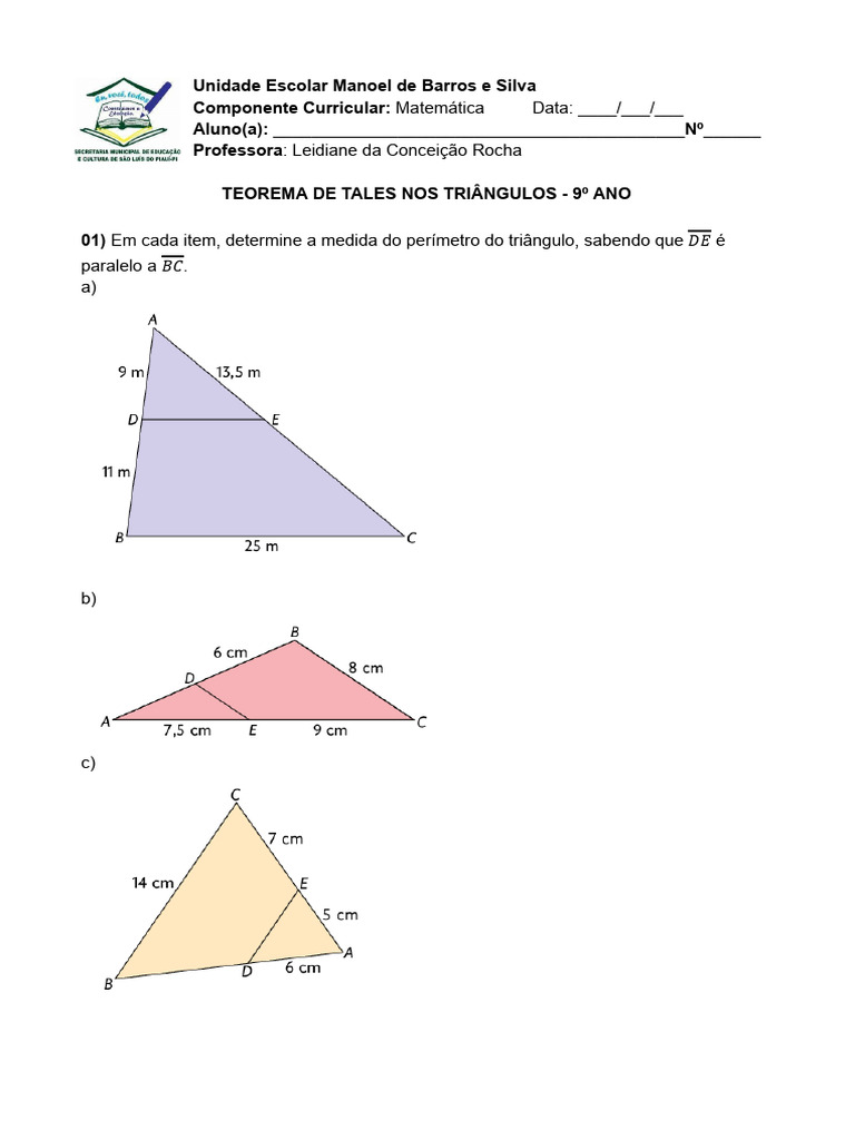 Teorema de Tales - 9º Ano | PDF