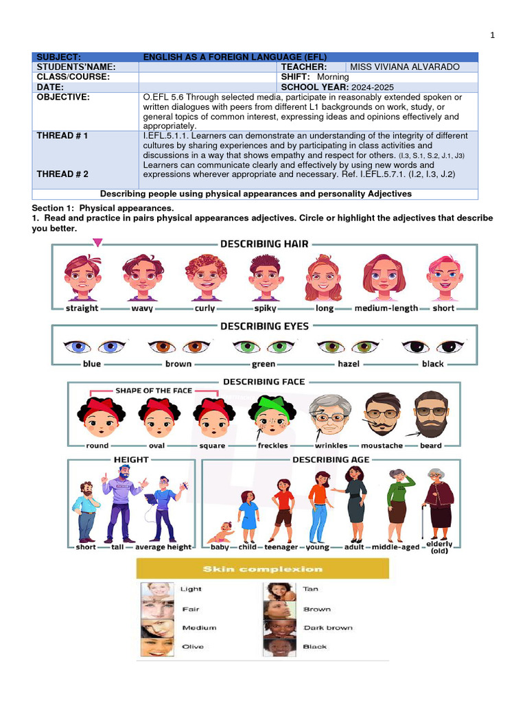 Describing People - Physical Appearances | PDF | English As A Second Or ...