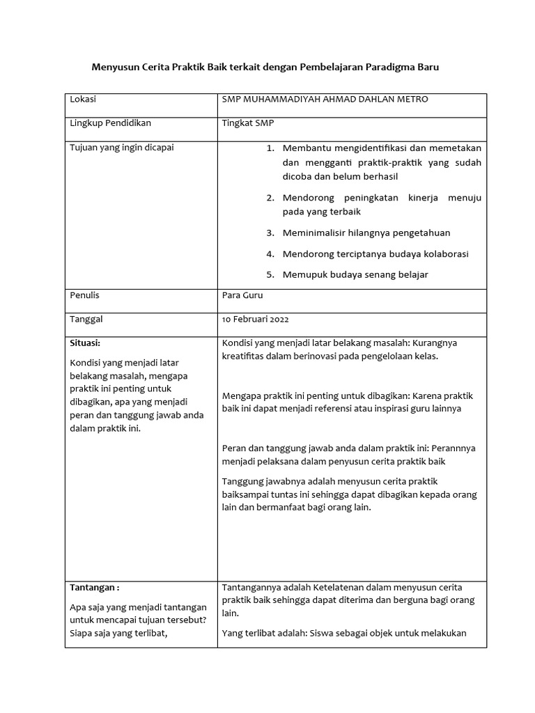 LK4 - Lembar Menyusun Kerangka Cerita Praktik Baik 010921 - Fitri Setya Ningsih | PDF | Karier ...