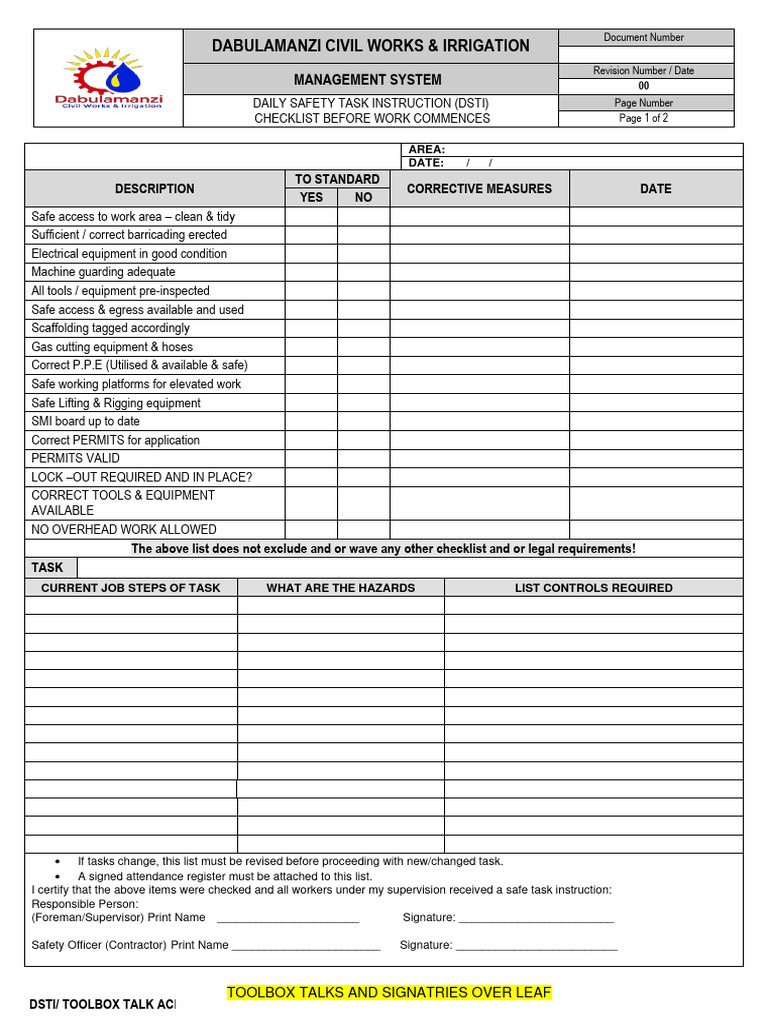 Daily Safety Task Instruction Checklist | PDF | Occupational Safety And ...