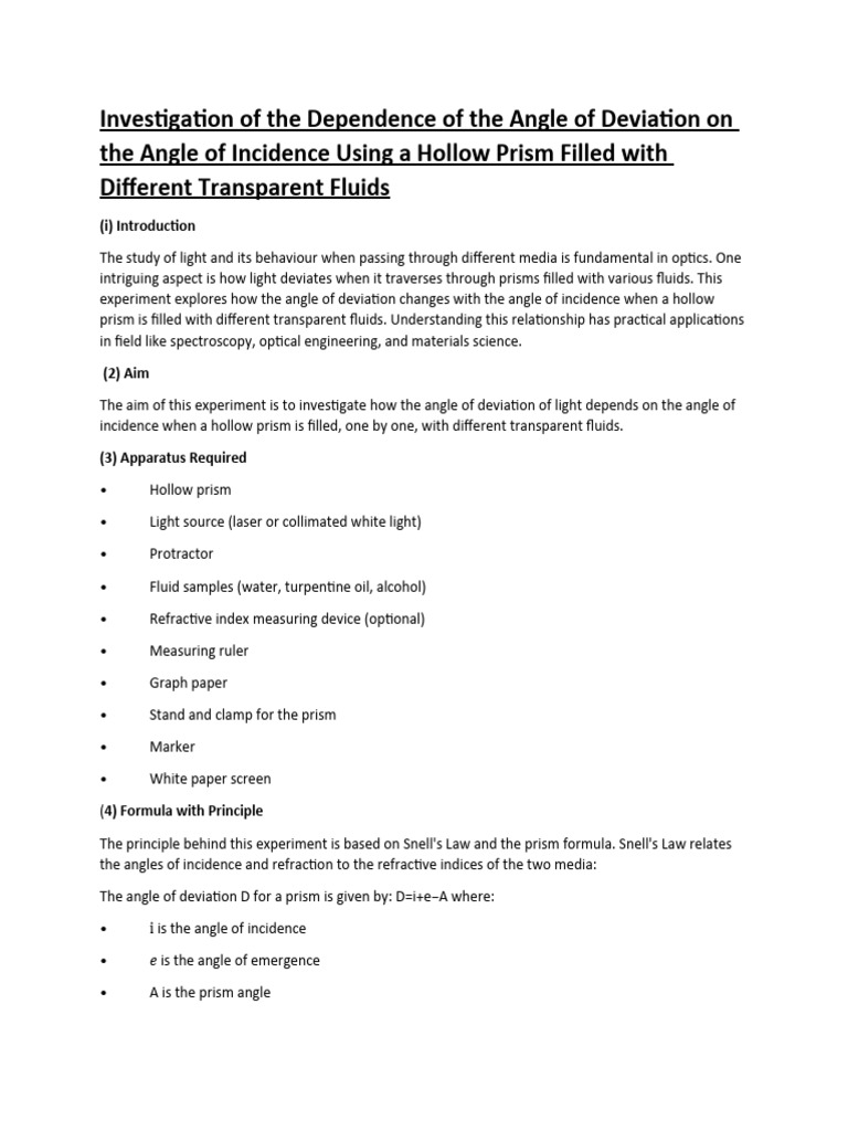 Investigation of The Dependence of The Angle of Deviation On The Angle of Incidence Using A ...