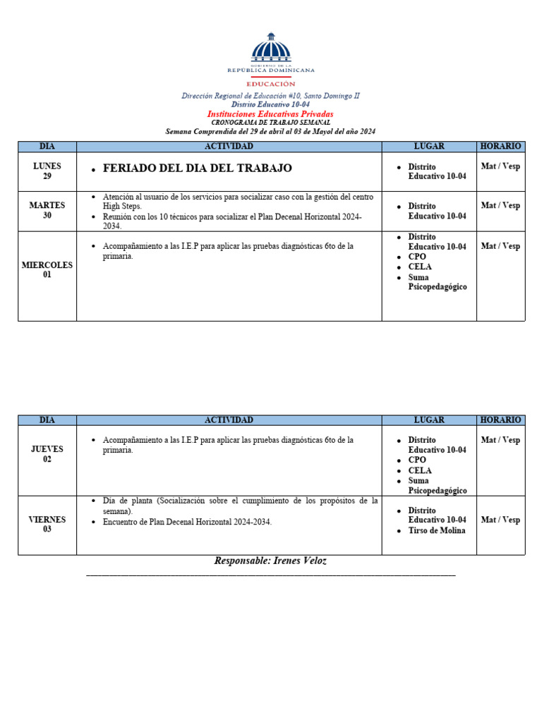 CRONOGRAMA DE TRABAJODE I.E.P DEL 29 DE ABRIL AL 03 DE MAYO 2024 | PDF