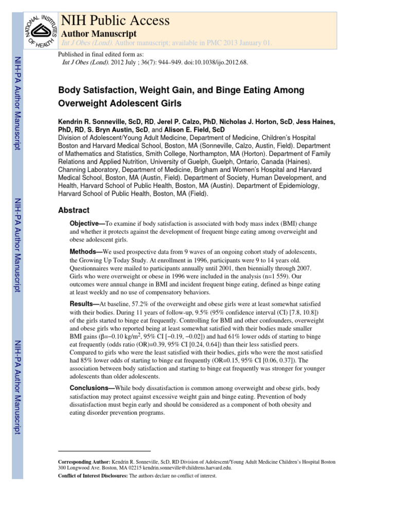 Body Satisfaction, Weight Gain, and Binge Eating Among Overweight ...