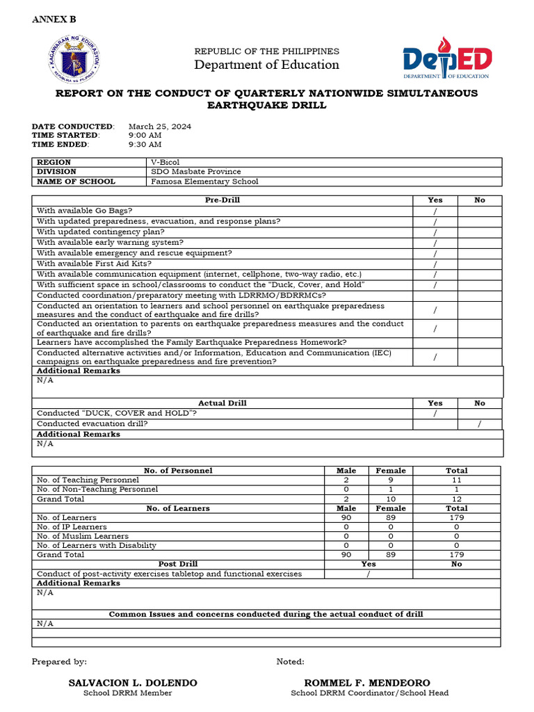 Famosa School Earthquake Drill Report | PDF | Emergency Management ...