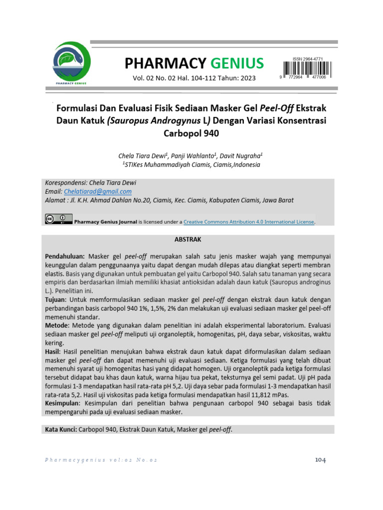 Formulasi Dan Evaluasi Fisik Sediaan Masker Gel Pe | PDF