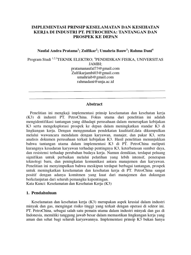 Implementasi Prinsip Keselamatan Dan Kesehatan Kerja Di Industri Pt. Petrochina: Tantangan Dan ...