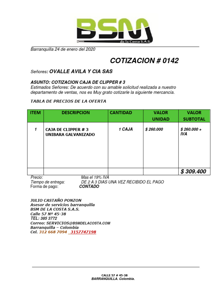 Cotización Caja de Clipper #3 Barranquilla | PDF