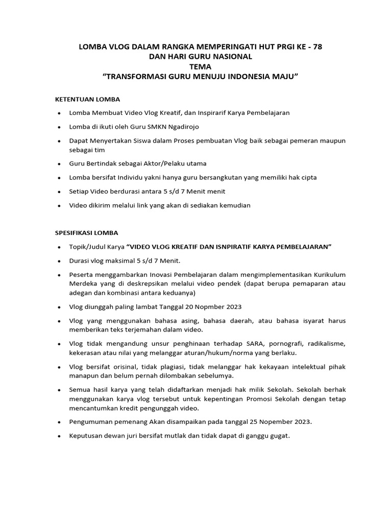Lomba Video Vlog Pembelajaran Kreatif | PDF
