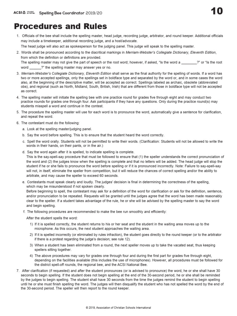 Spelling Bee Procedures Rules 19-20 | PDF | Spelling | Dictionary