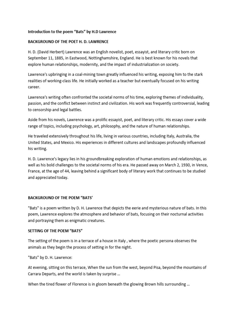 7244 - Introduction To The Poem Bats by H D Lawrence | PDF