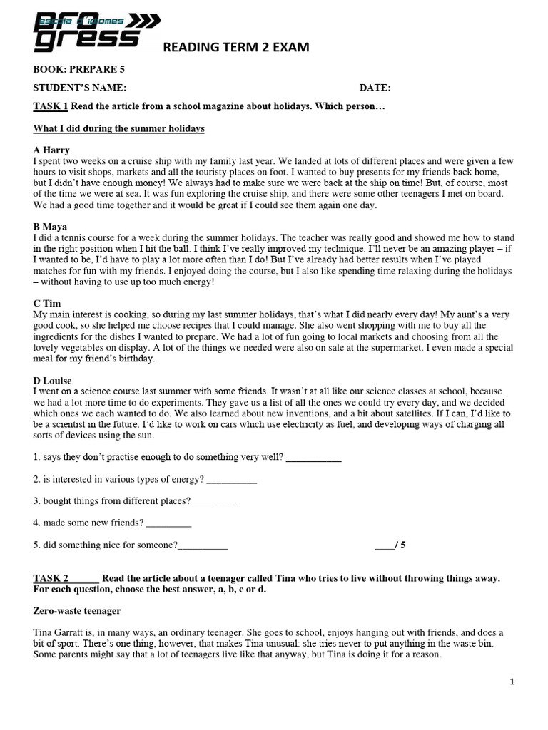 Reading Term 2 Exam Prepare 5 New | PDF | Wellness