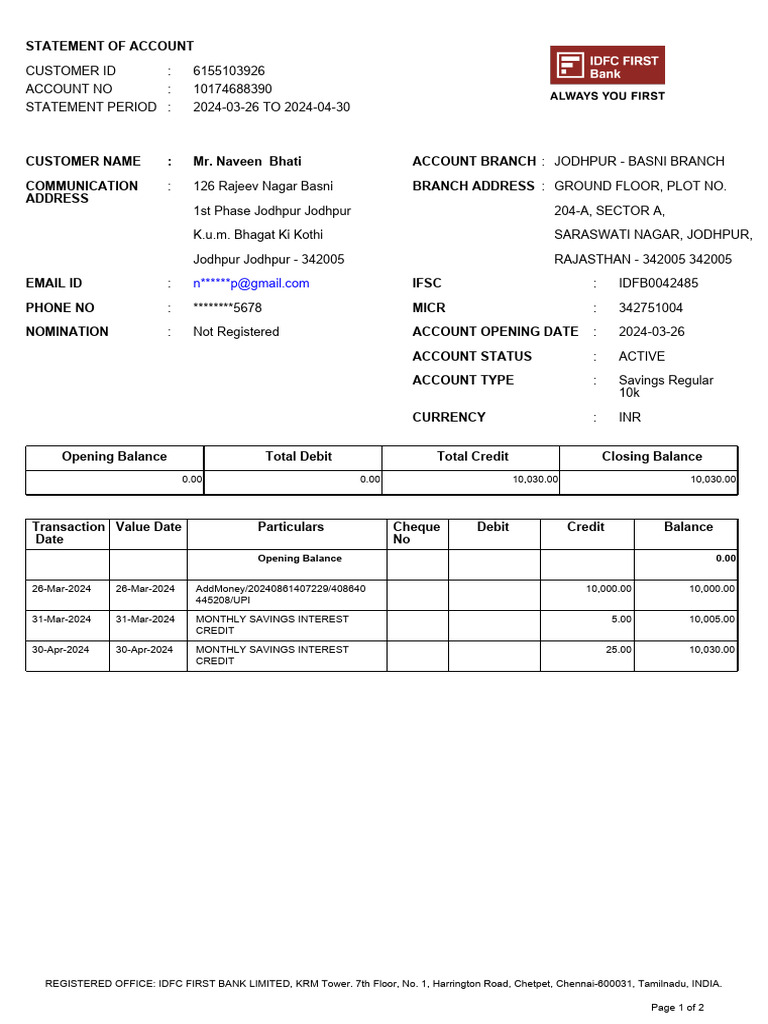IDFC Bank Account Statement Summary | PDF | Automated Teller Machine | Debit Card