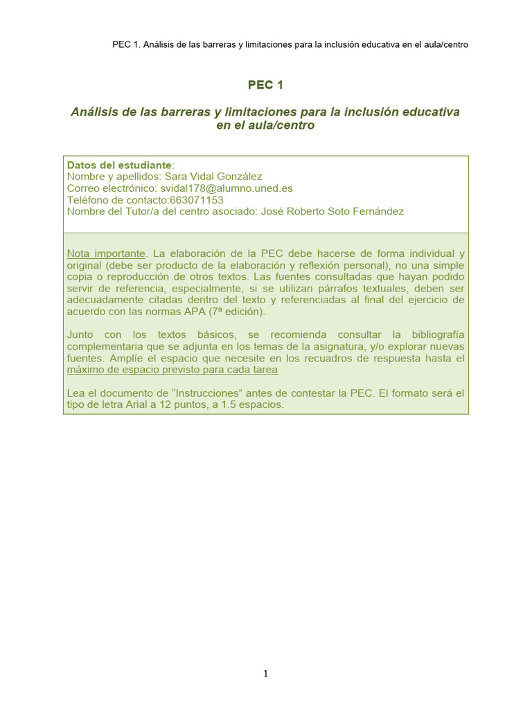 Plantilla PEC 1 - 2022-4 | PDF | Inclusión (Educación) | Espectro autista