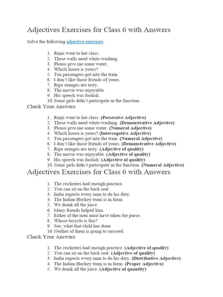 Adjectives Exercises For Class 6 With Answers | PDF | Adjective