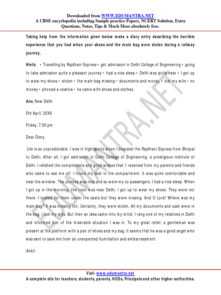 Diary Writing Example 4 | PDF | Travel