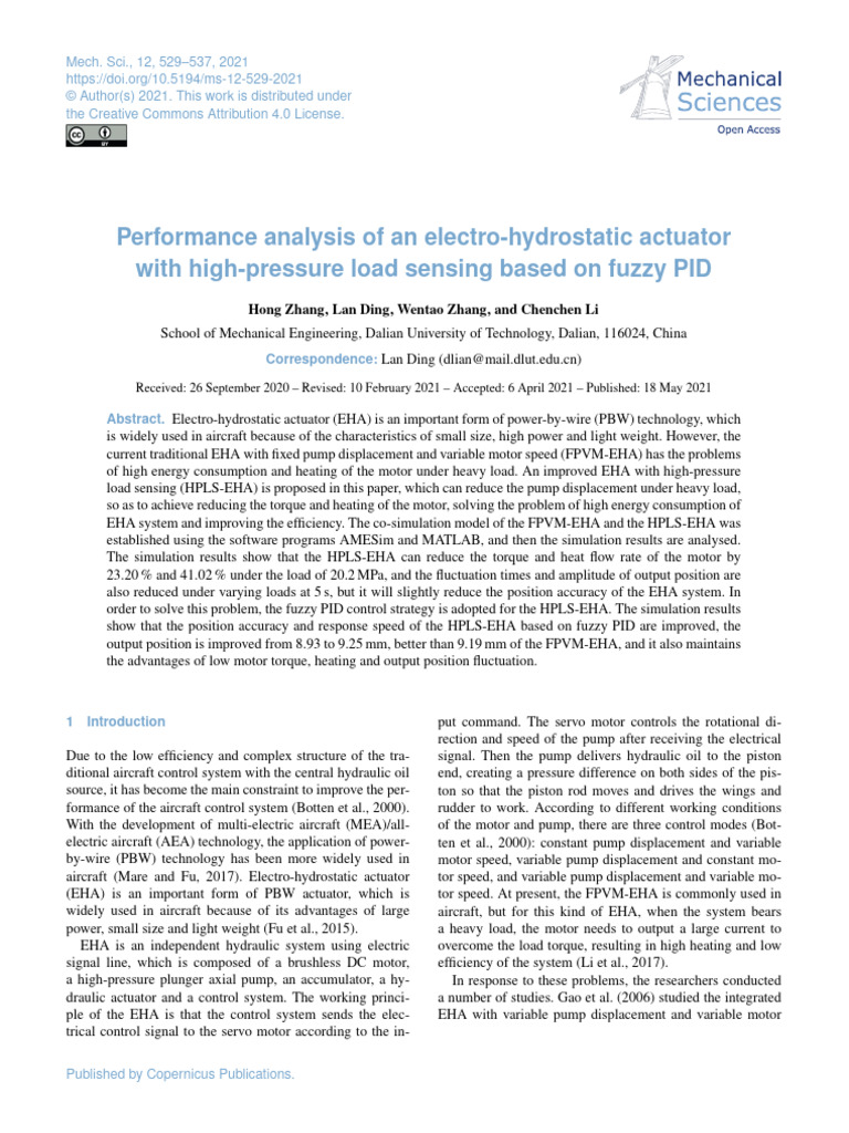 Performance Analysis of An Electro-Hydrostatic Actuator With High-Pressure Load Sensing Based On ...