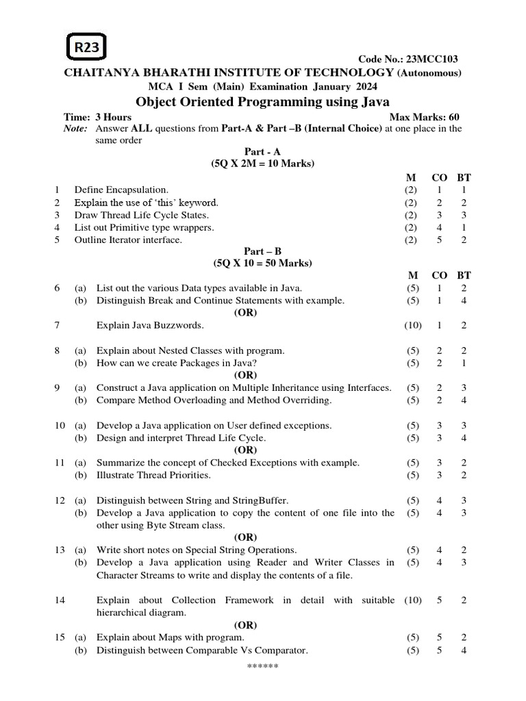 Object Oriented Programming Using Java 23mcc103 Pdf Method Computer Programming Class